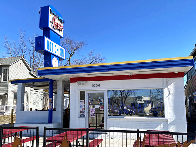 Hot Chikin alert! This blue and white building houses Nashville-style heat that'll make your taste buds do the happy dance.