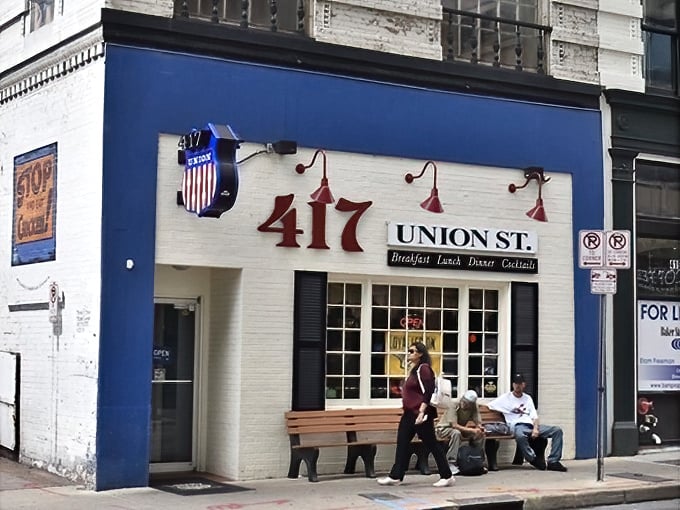 That classic brick building whispers "comfort food" while the blue trim shouts "come on in, we're friendly!"