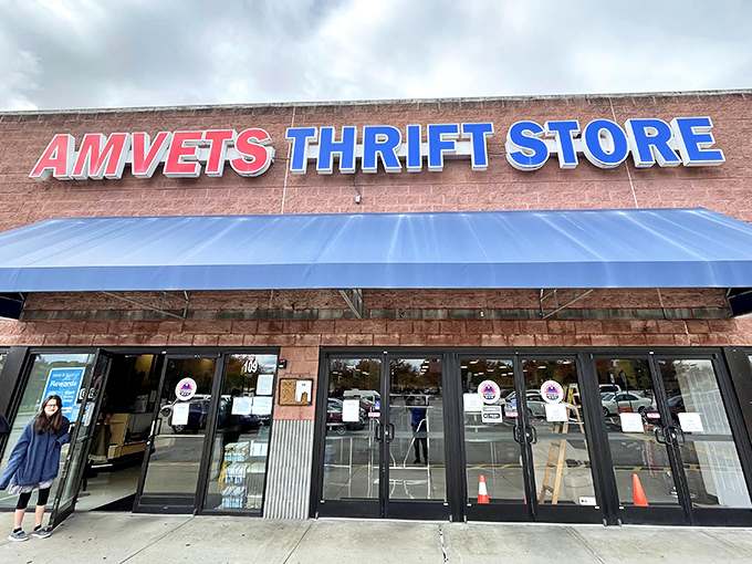 AMVETS' bold lettering promises adventures in thrifting while supporting our veterans - shopping with purpose never felt better.