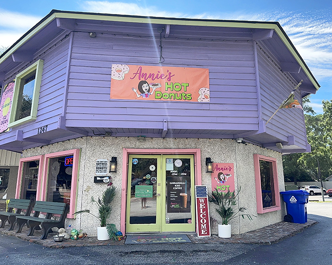 Hot pink meets hot donuts! Annie's colorful corner shop stands out like a delicious beacon in Mt. Pleasant's landscape.