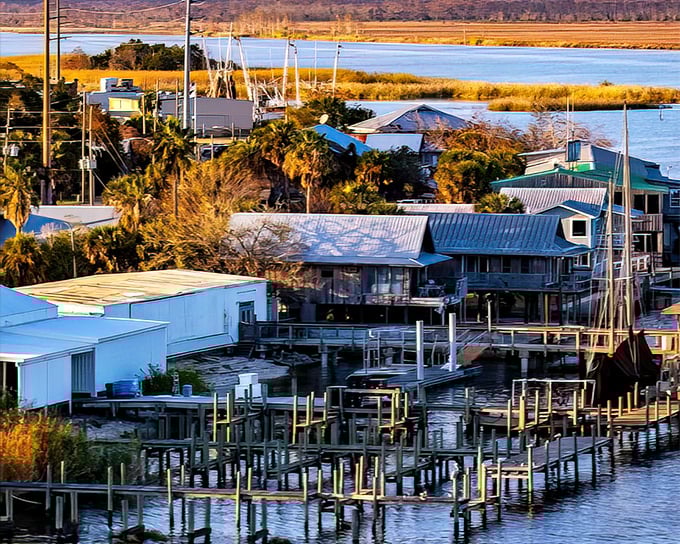 Weathered wooden buildings on stilts tell stories of Apalachicola's maritime past, while fishing boats promise tonight's dinner.