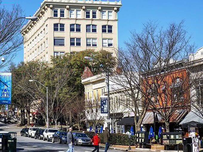 Historic downtown Athens where students and retirees share sidewalks and maybe a few stories too.
