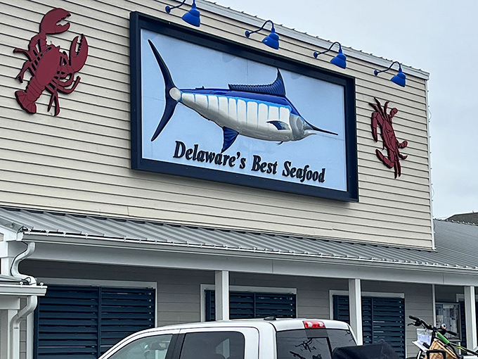 That checkered flag pattern says "racing to get you the freshest catch" without saying a word. 