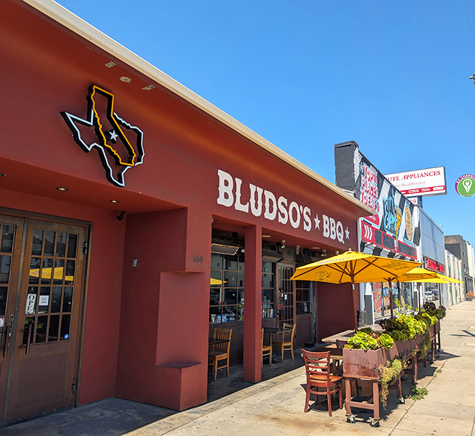 The bold Texas silhouette on Bludso's brick-red facade is no empty promise&mdash;this is legitimate Lone Star smoke in the heart of Hollywood.