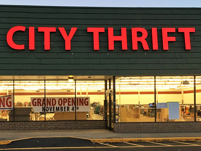 The bright red City Thrift sign beckons like a lighthouse guiding bargain sailors safely to shore. Grand opening indeed!