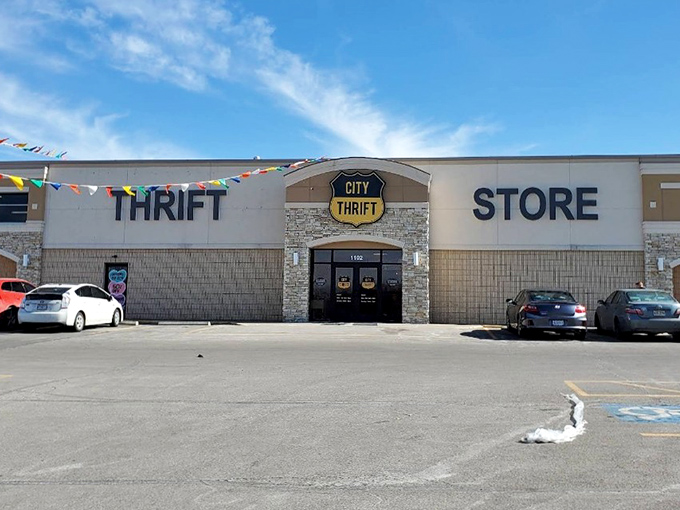 That stone facade and yellow signage create serious curb appeal for bargain hunters driving by.