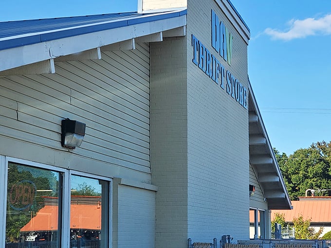Clean lines and organized displays hint at the carefully curated treasures waiting inside this thrifting destination.