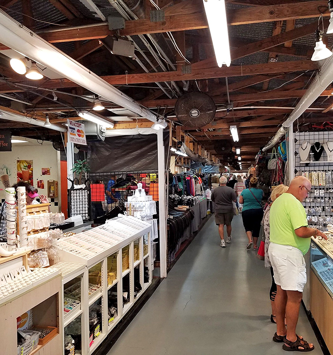 Wooden beams frame this indoor treasure trove where shoppers hunt for deals. Like a museum where you can take everything home!