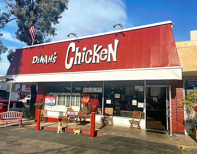 The cheerful awning and welcoming windows hint at the crispy comfort food magic happening inside this Glendale favorite.
