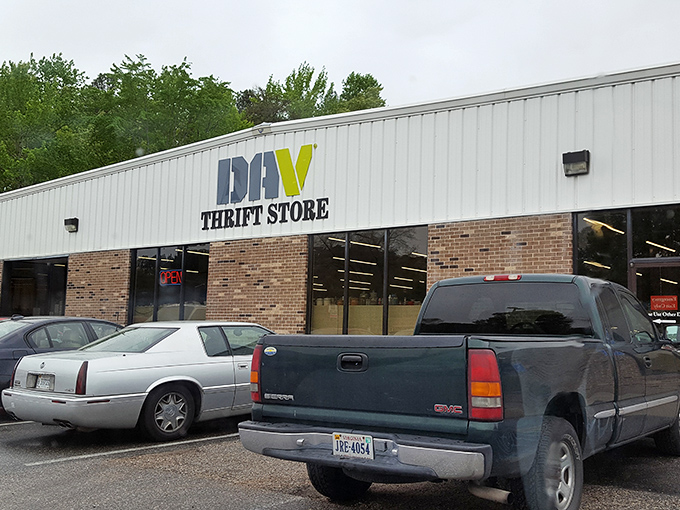 Parked and ready to hunt! This thrift store's no-frills exterior belies the kaleidoscope of possibilities waiting just beyond those doors.