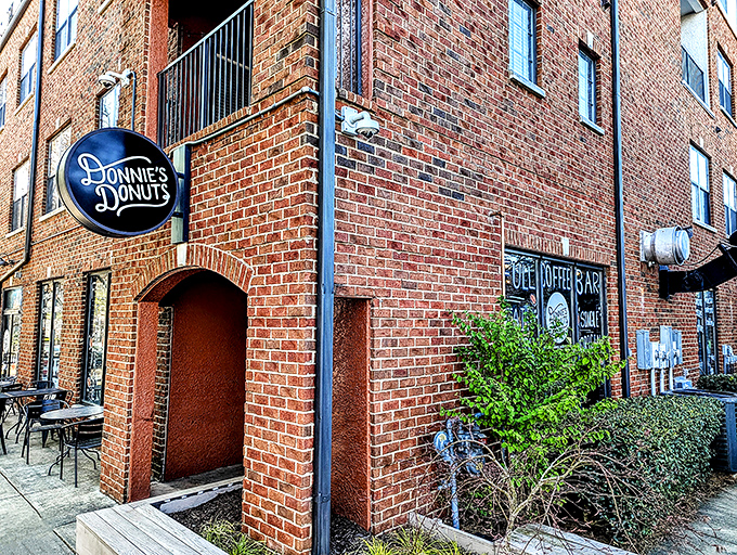 Classic brick meets modern comfort, where coffee and donuts create the perfect morning symphony.