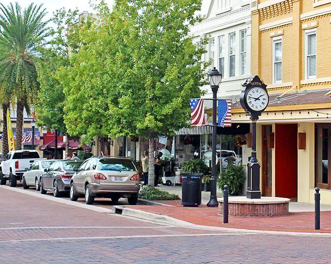 Classic Main Street America lives on in these welcoming storefronts and brick-paved walkways.