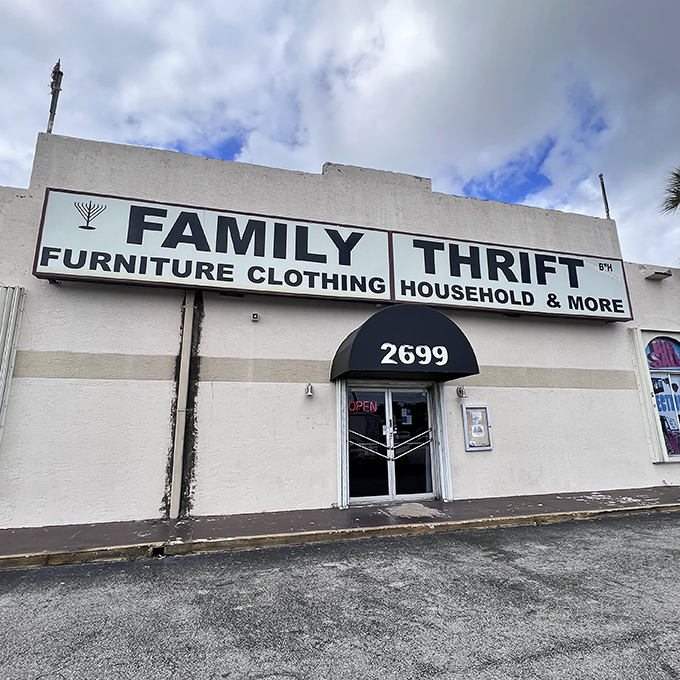 That simple "Family Thrift" sign might as well read "Treasure Island" for dedicated secondhand shoppers.