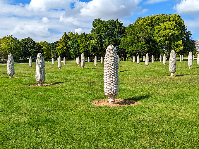Dublin’s Field of Corn—where giant concrete corncobs honor Ohio’s farming roots in a quirky outdoor display.