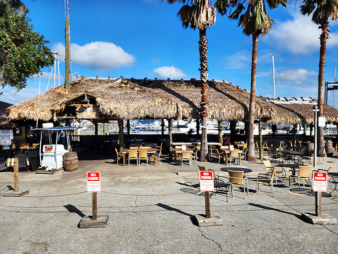 Palm trees and tiki vibes make every meal feel like a mini vacation escape.