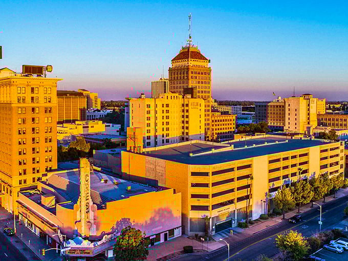 That golden California light hits Fresno's buildings just right, turning everyday architecture into something almost magical.
