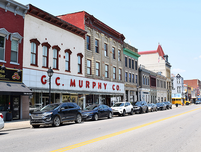 The historic main street of Gallipolis invites leisurely strolls past antique shops and local treasures.