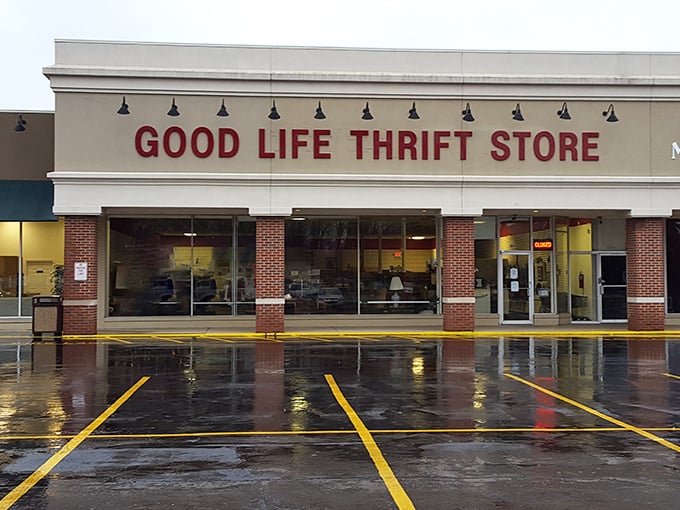 Rain-slicked parking lot can't dampen the thrill of what awaits inside this thrifter's paradise.