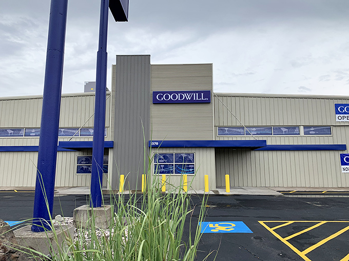 Rain or shine, this Goodwill's clean lines and spacious parking lot promise adventures in affordable retail therapy.