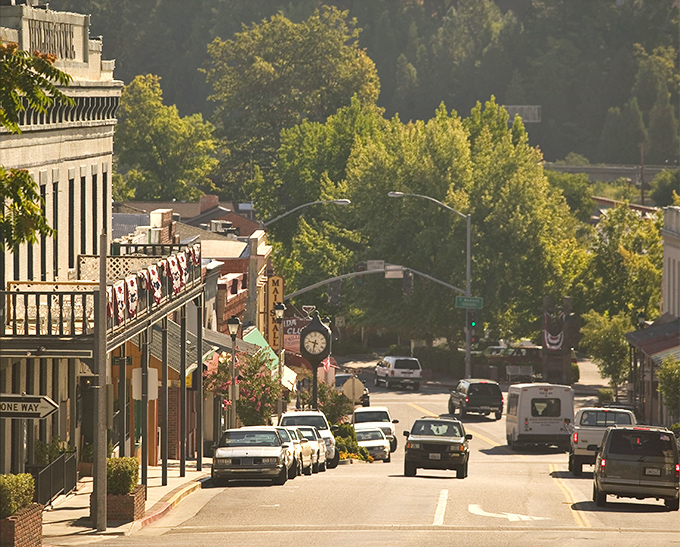 Gold Rush era buildings stand proudly, whispering tales of California's adventurous mining days.