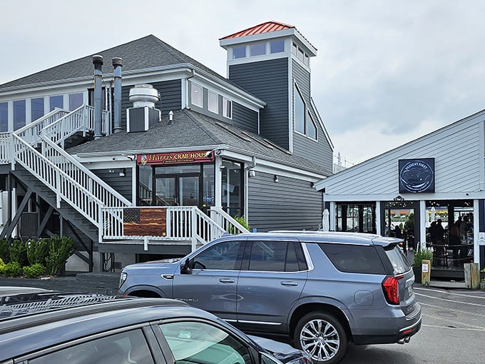 Gray shingles and white rails create the perfect backdrop for Bay views and butter-dipped crab feasts.