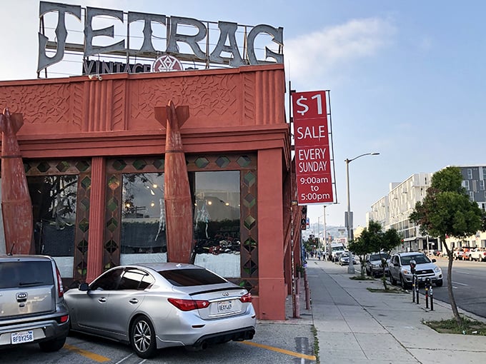 The famous $1 Sunday sale sign at Jet Rag - where early birds catch the designer worms at dawn.