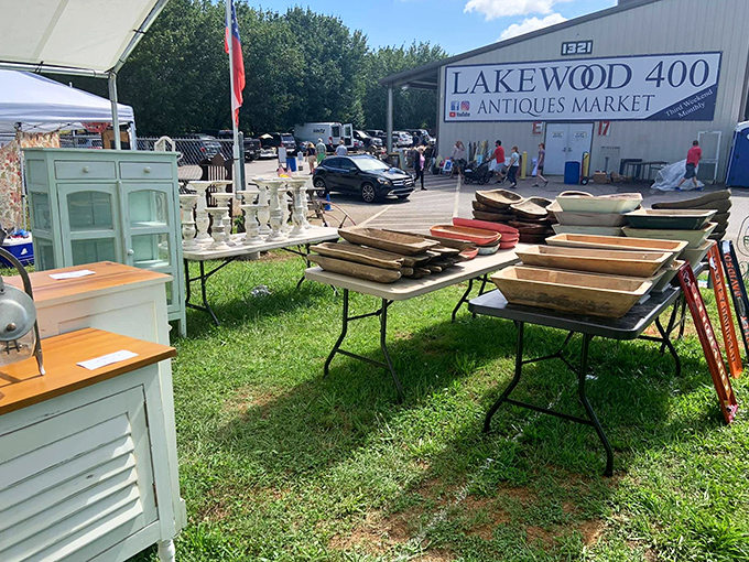 Outdoor displays spilling onto grass - because sometimes the best finds refuse to stay indoors.