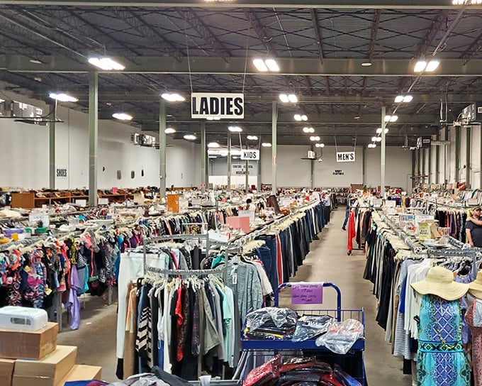 Those organized racks stretch endlessly - it's like a clothing library where everything costs pocket change.