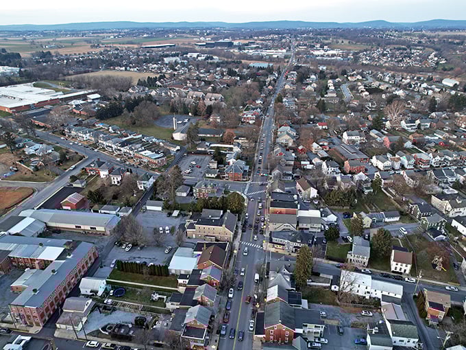 This aerial view of Lititz reveals a classic small town where every street seems to lead to a friendly conversation.