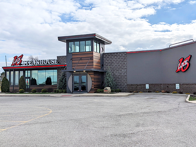 Lock Sixteen Steakhouse stands proud with its modern exterior &ndash; like a beacon calling to hungry travelers on Ohio's highways.