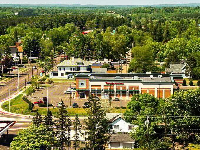 This bird's-eye view of Merrill reveals a town perfectly sized for Social Security budgets and peaceful living.