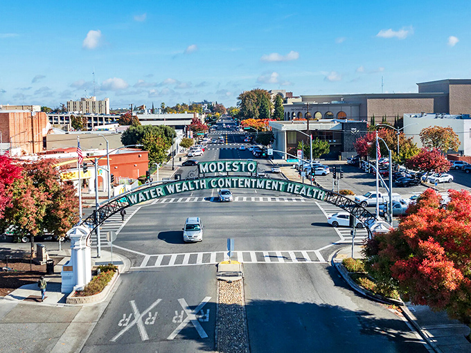 Under Modesto's famous arch, "Water, Wealth, Contentment, Health" isn't just a slogan&mdash;it's a promise wrapped in autumn's fiery embrace.