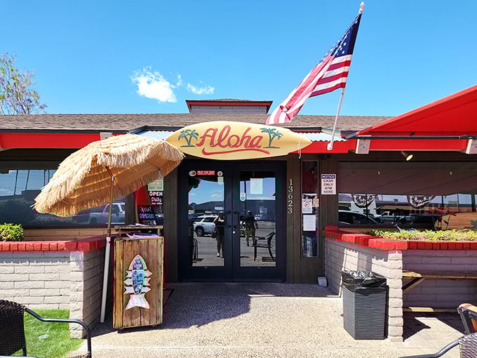 "Aloha" means both hello and goodbye, but you'll only be saying hello to these breakfast chimichangas. The tiki-inspired entrance sets the perfect mood!