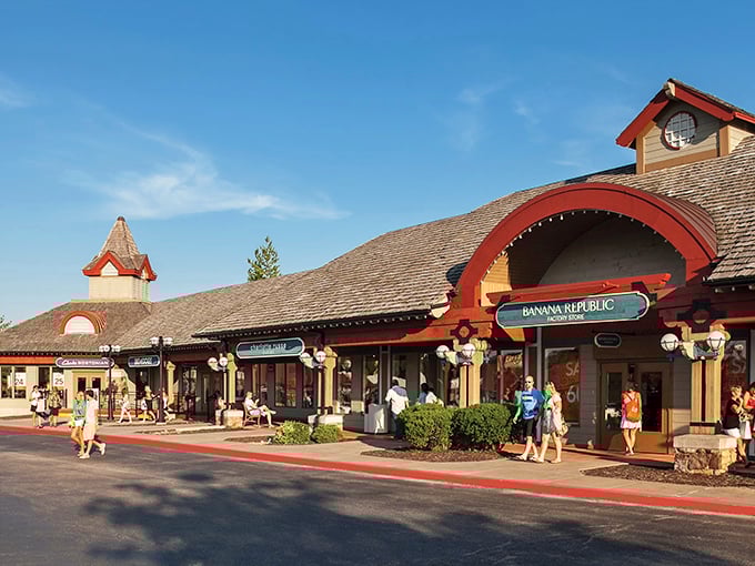 Mountain lodge meets shopping village - where rustic charm and retail therapy create perfect harmony together.