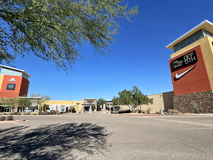 Desert shopping paradise where brand names meet budget-friendly prices in sun-soaked outdoor comfort.