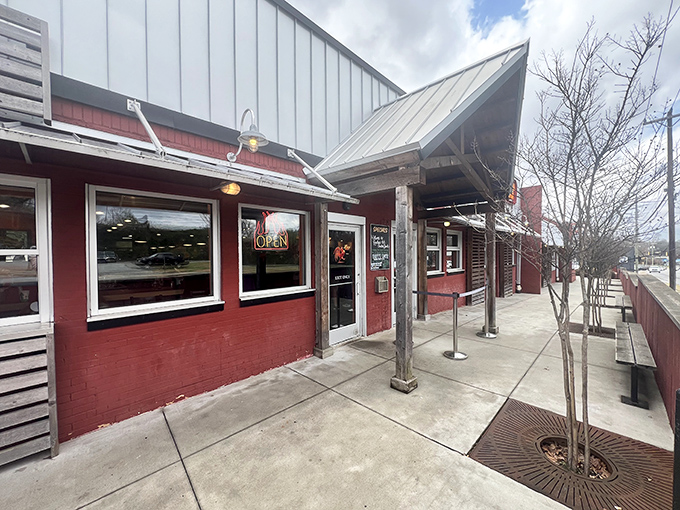That covered entrance isn't just charming&mdash;it's where chicken lovers gather before braving Rocky's legendary spice levels.