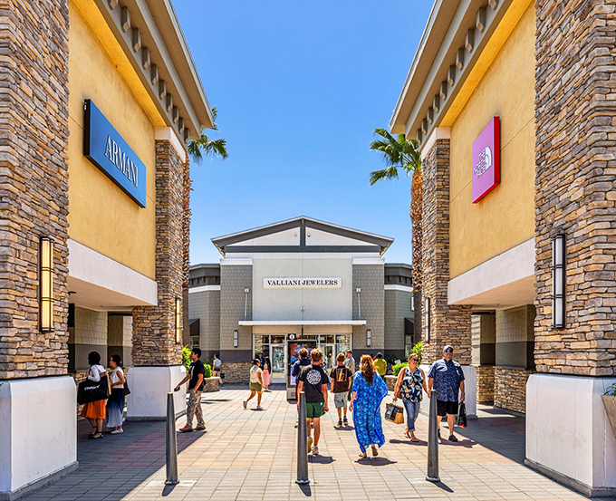 Wide walkways invite leisurely strolls between stores while California sunshine makes every purchase feel special.