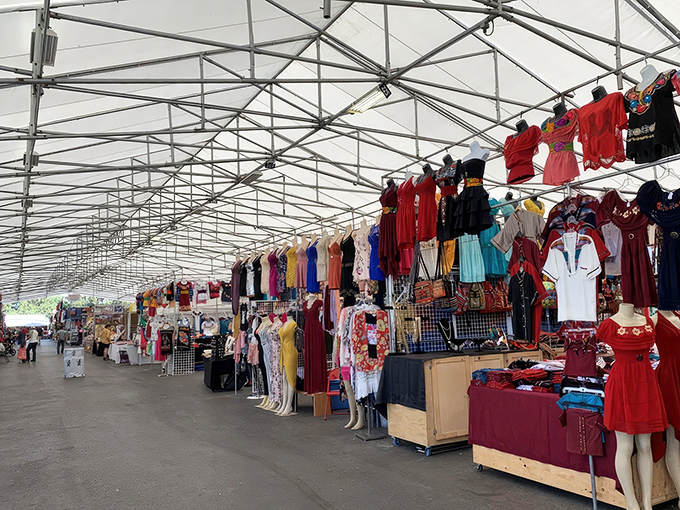 Bright fabrics and bold patterns steal the show at San Jose's massive market&mdash;an endless runway for bargain hunters beneath a canopy of deals.