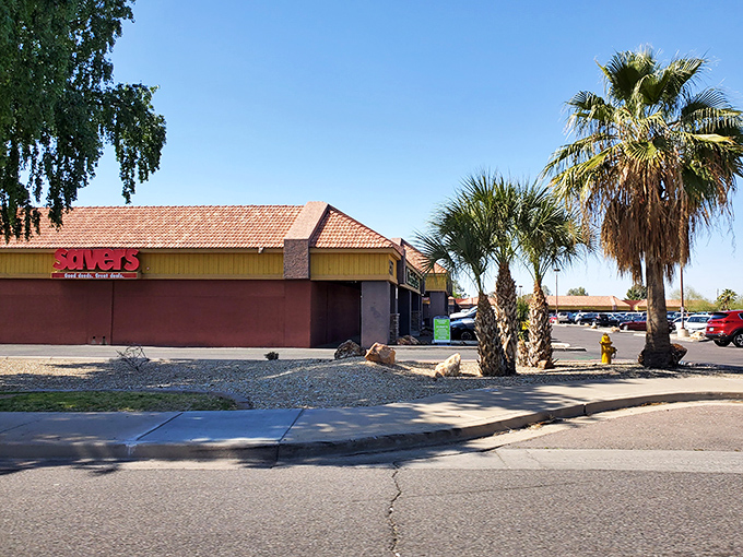 This thrift store fortress beckons with palm trees standing guard over countless hidden shopping treasures.