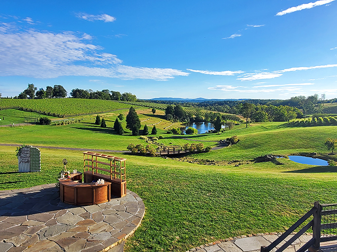 The perfect equation: One stunning pond + endless rows of vines + a glass of something wonderful = your new happy place.