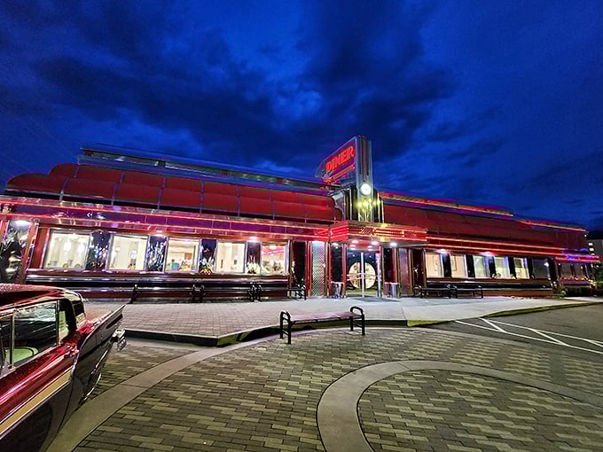 Neon dreams and chrome dreams! The Sunliner glows like a time machine ready to transport you back to simpler days.