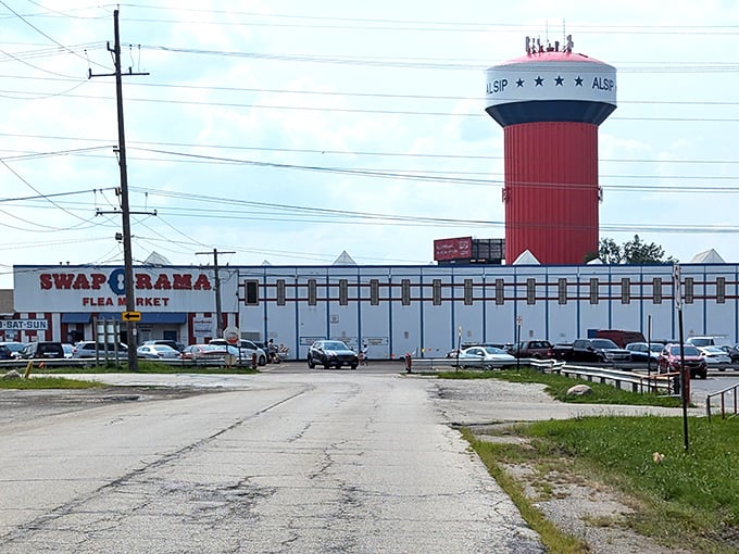 That famous water tower stands guard over acres of shopping bliss - you've definitely arrived at flea market heaven in Alsip.
