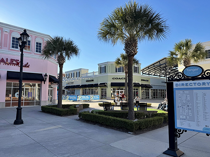 Colorful courtyard seating invites shoppers to rest between stores while soaking up that famous Southern sunshine.