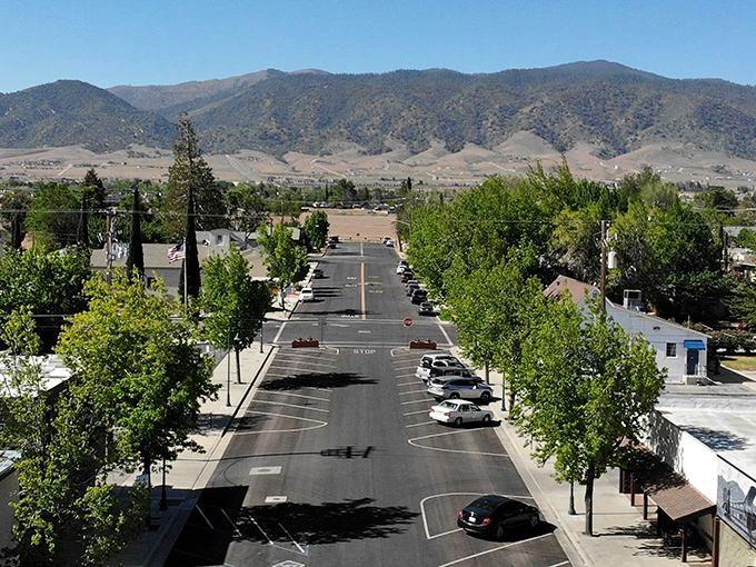 Tree sentinels stand guard along Tehachapi's wide boulevard, while mountains whisper, "Slow down, you're almost home."