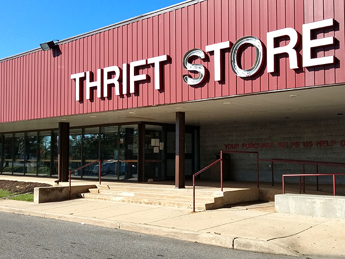 That classic red Salvation Army shield stands guard over countless second chances and new beginnings for treasures.