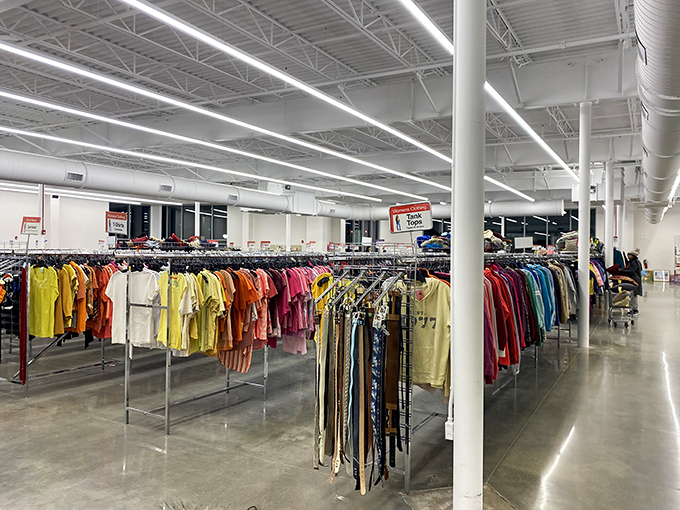 Those gleaming racks of colorful clothes look like a rainbow of second-hand possibilities waiting to be discovered.