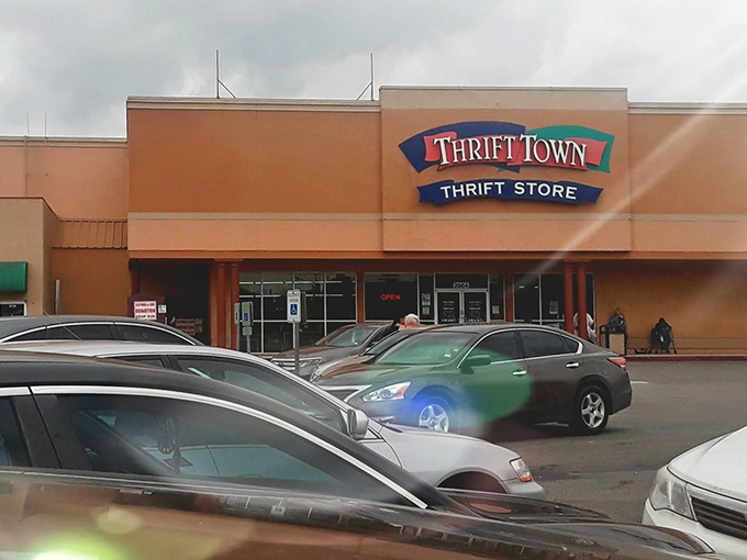 Sun-drenched and spacious, Thrift Town stands ready for bargain seekers with a parking lot that hints at the store's popularity.