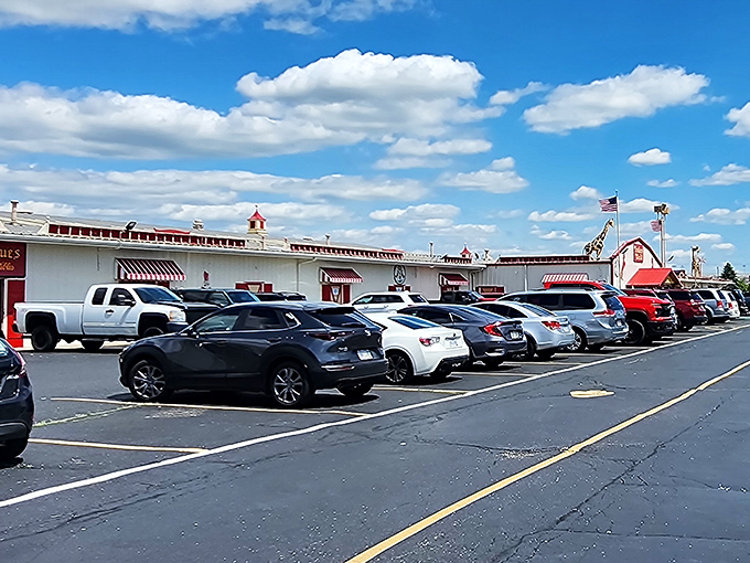 The red-striped building beckons bargain hunters like a carnival tent filled with nostalgic treasures and memories.