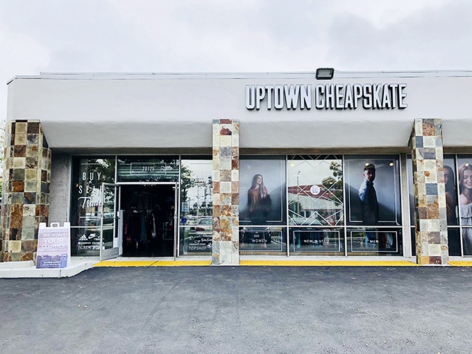 Those stone columns frame a thrifting experience that's more boutique than basement, more curated than chaotic.