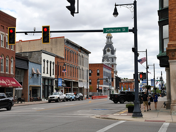 Classic Midwest architecture lines these generous streets where every building has a story to tell.